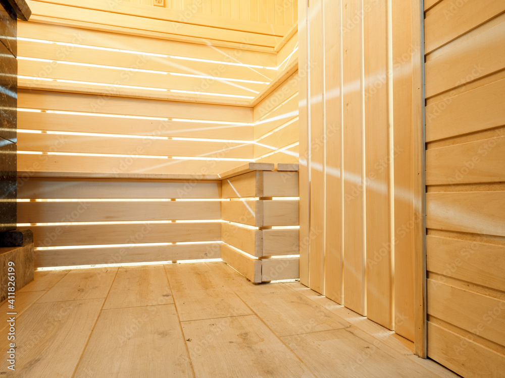 wooden sauna interior wood-fired sauna with LED lighting Stock Photo ...