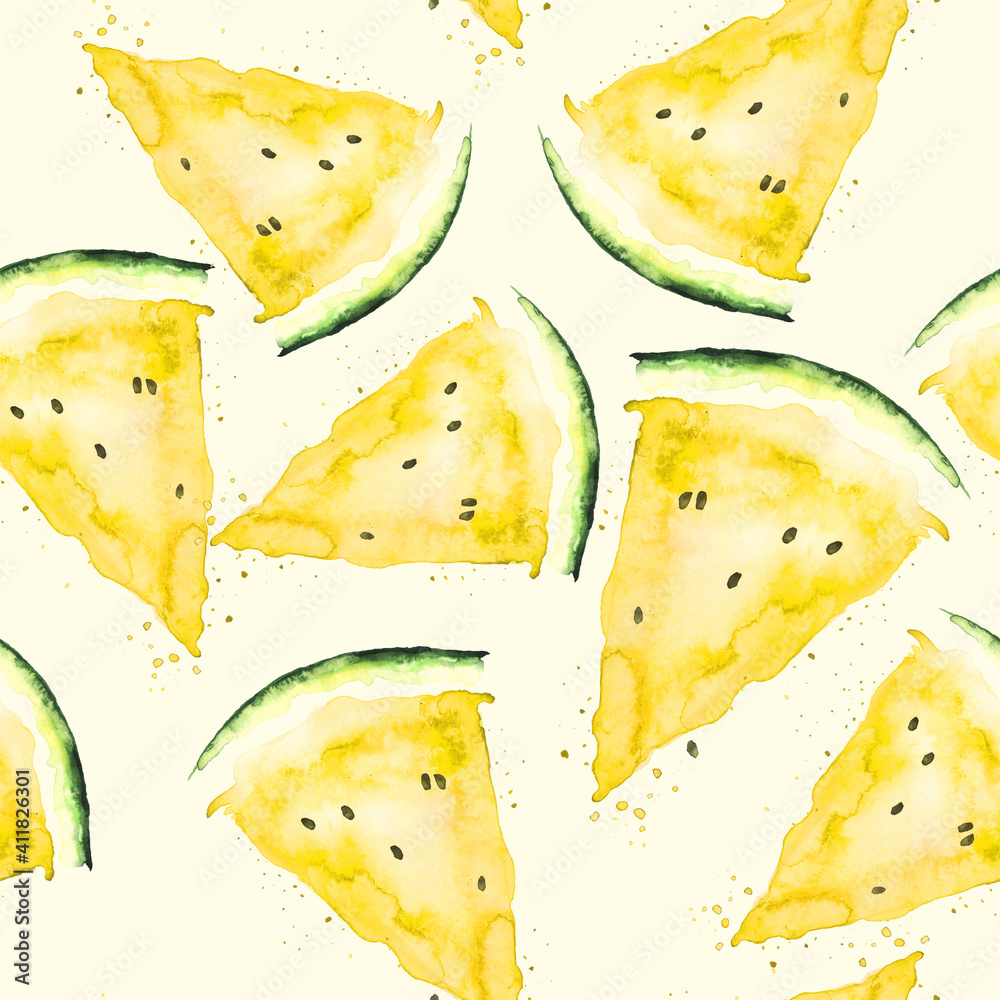 Seamless watercolor pattern with a piece of yellow Watermelon, vintage ...
