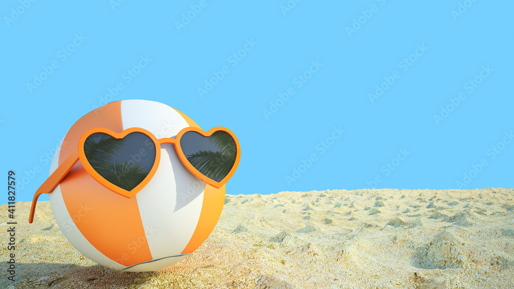 beach ball with sunglasses on the beach,blue background summer vacation ...