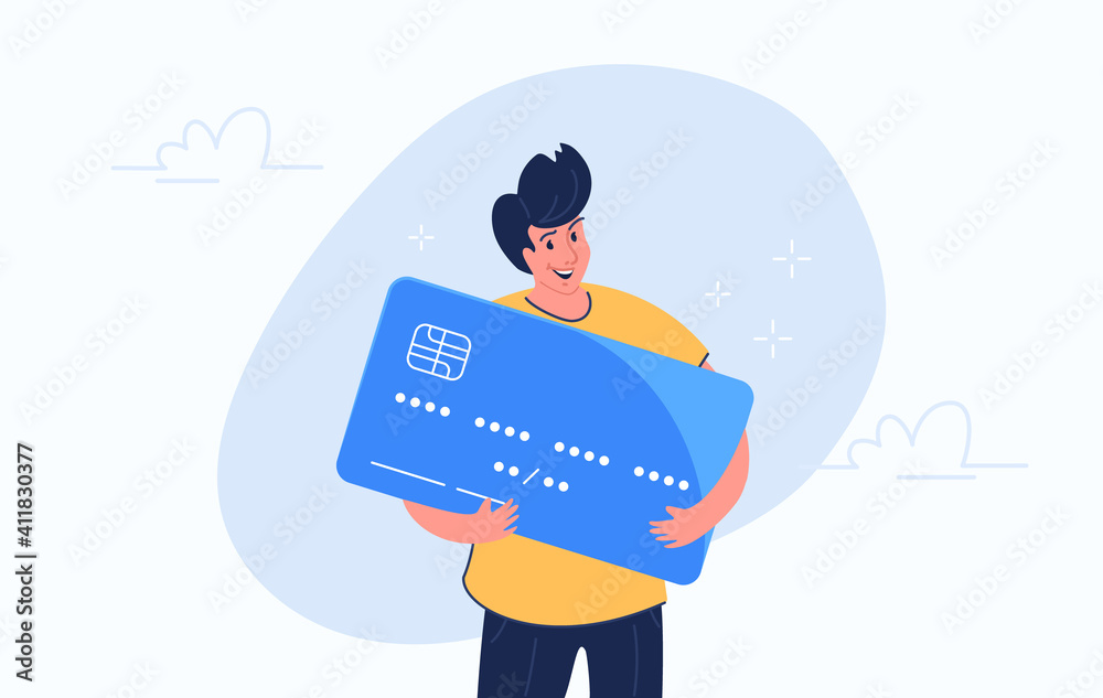 Happy smiling man hugging big credit card. Flat modern concept vector ...