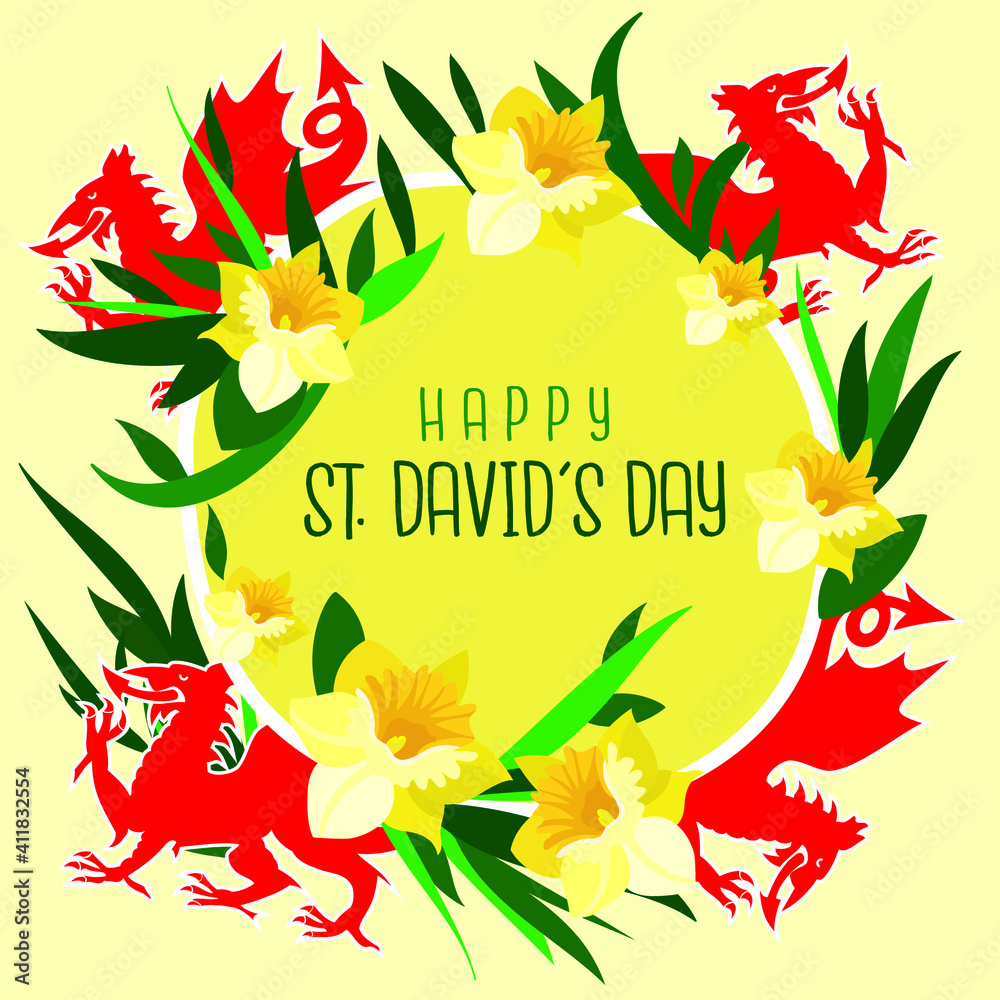 An abstract vector card illustration of a Welsh dragon and yellow ...