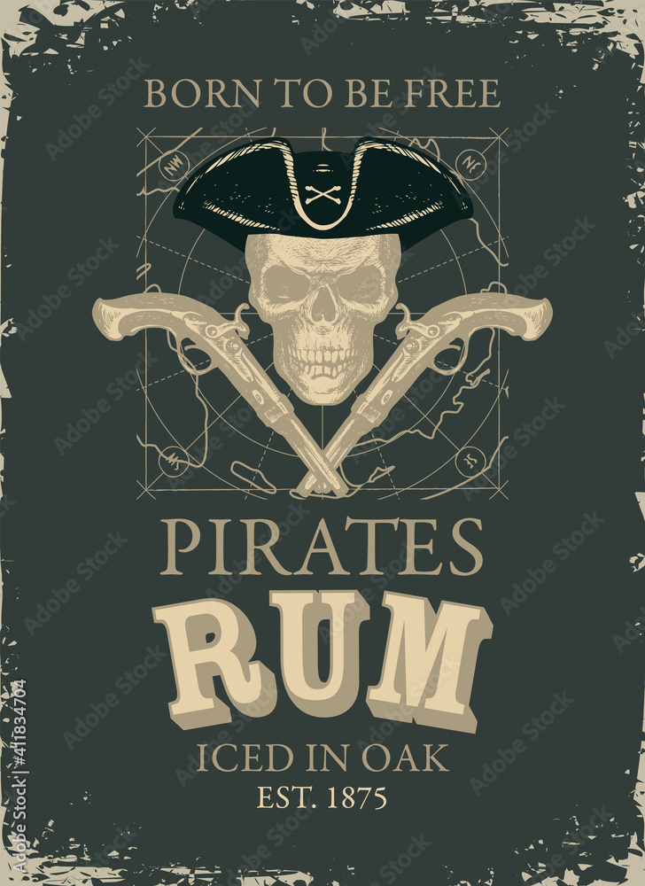 Vector banner or label with the inscription Pirates Rum and the words ...