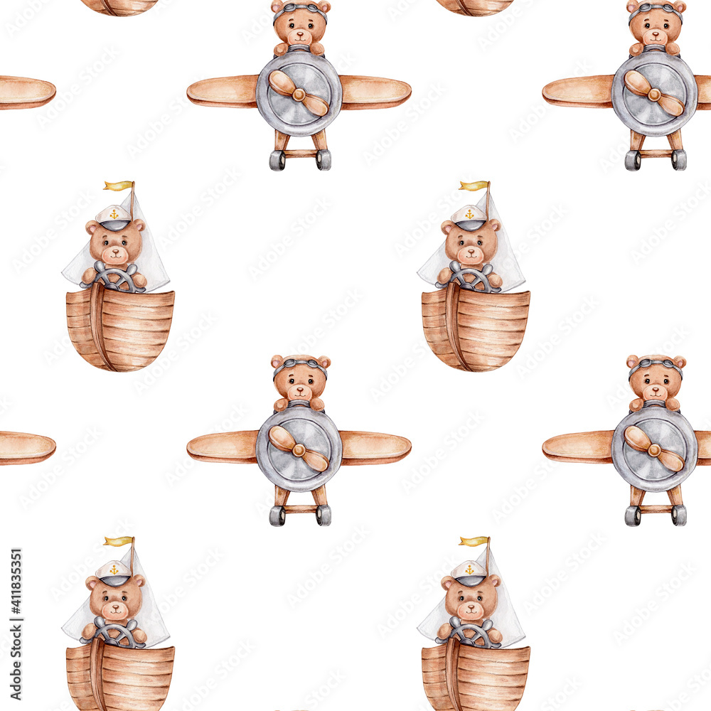 Seamless pattern with teddy bear in ship and in airplane; watercolor ...