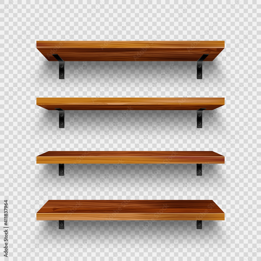 Realistic empty wooden store shelves set. Product shelf with wood ...