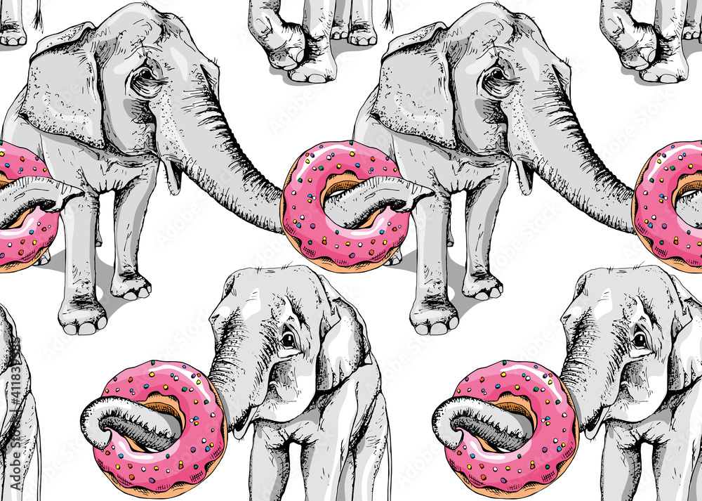 Seamless wallpaper pattern. Gray Elephant with pink donut. Textile ...