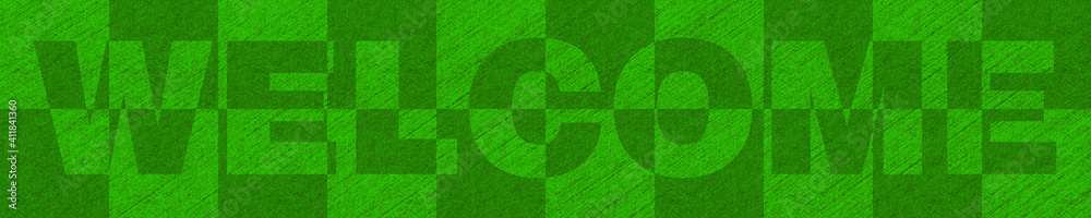 Welcome sign. Green pattern. Inscription. Grass feld. Lawn. Football ...