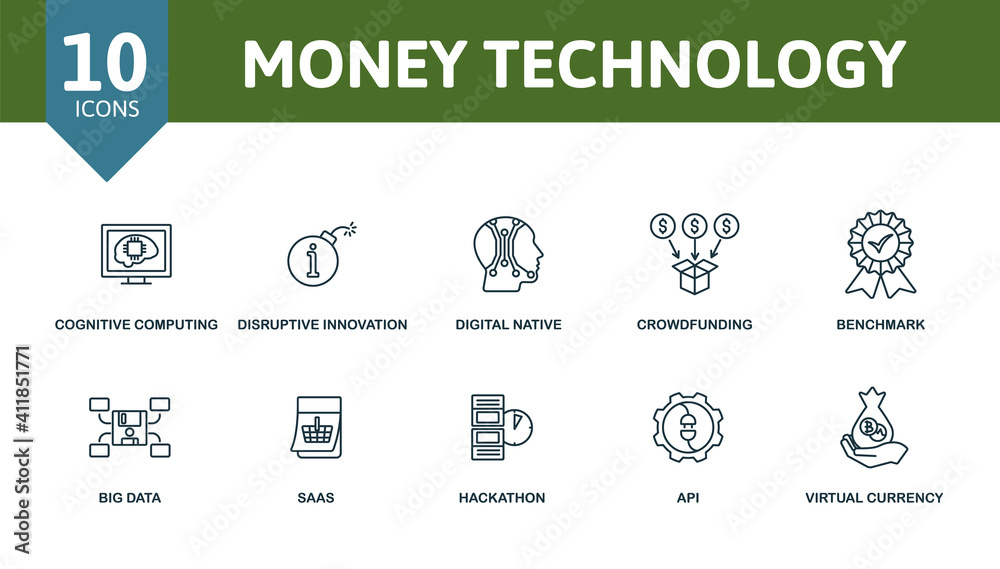 Money Technology icon set. Collection contain digital native, online ...