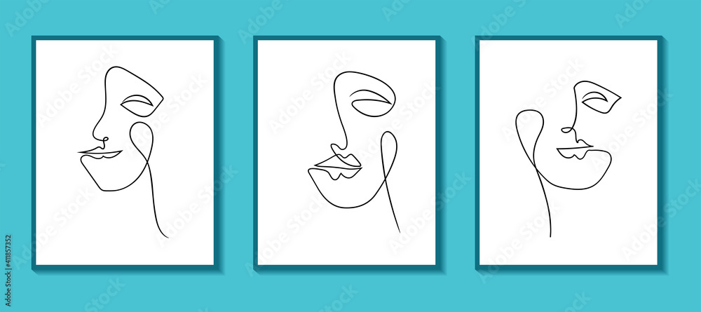 set of women face. continuous line art in elegant style for prints ...