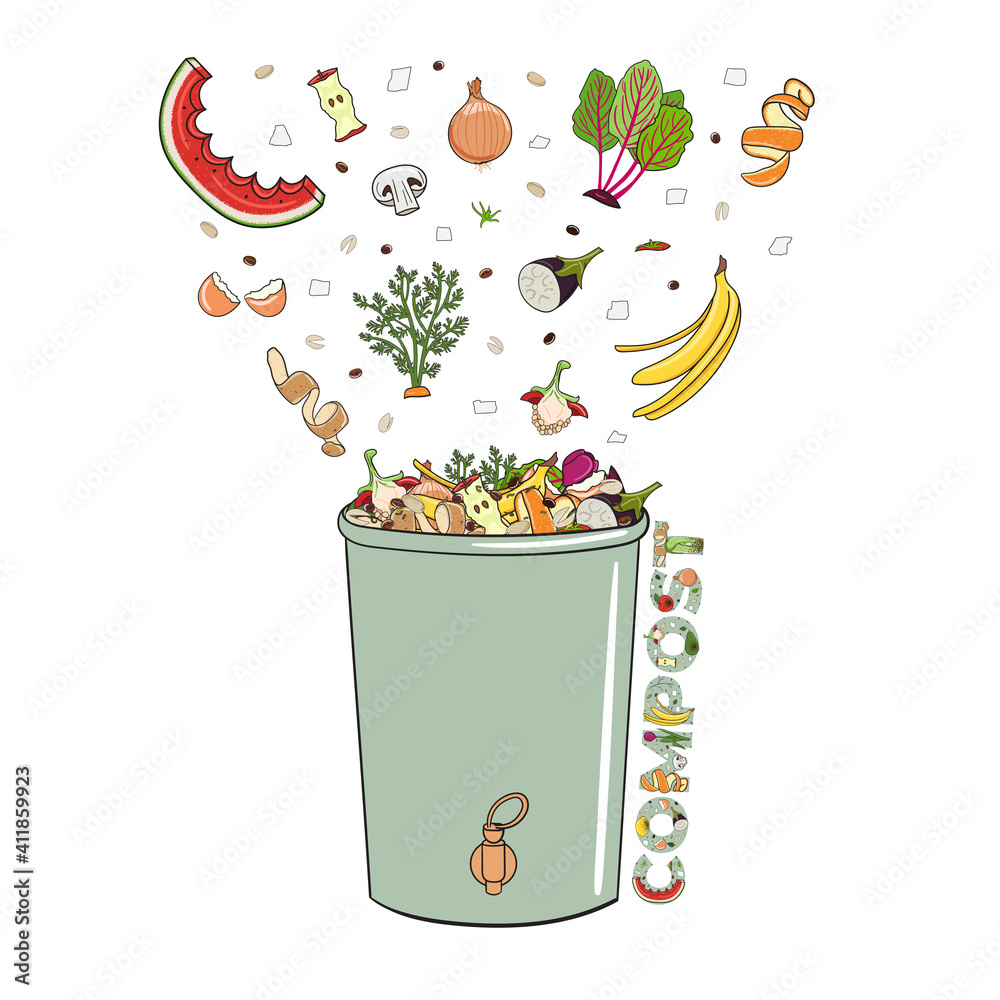 Composting bin with falling kitchen scraps, fruits and vegetables. No ...