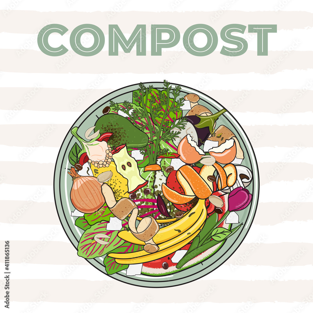 Composting bin with kitchen scraps, top view. No food wasted. Recycling ...