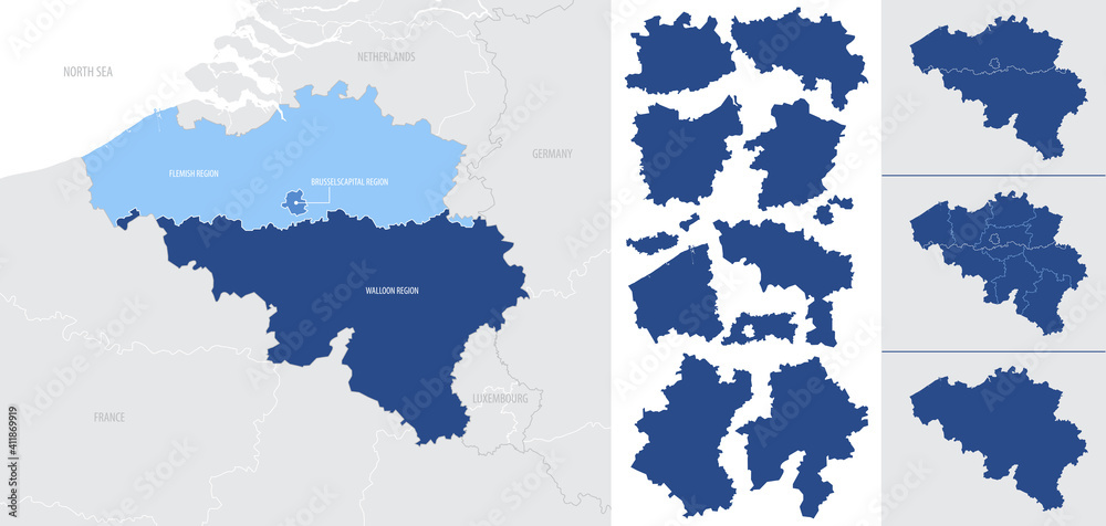 Detailed, vector, blue map of Belgium with administrative divisions ...