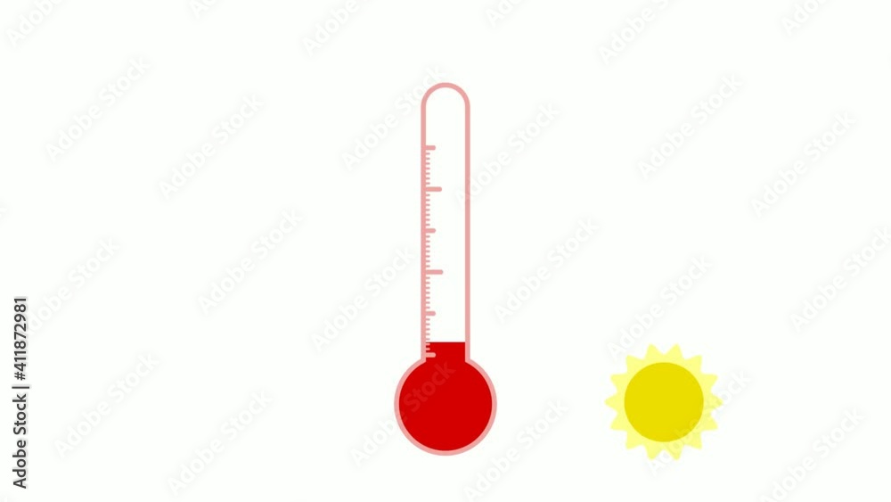 Animated thermometer with measures the temperature. Rising sun heats ...