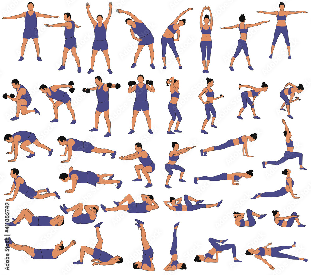 Set of vector silhouettes of man and woman in costume doing fitness ...
