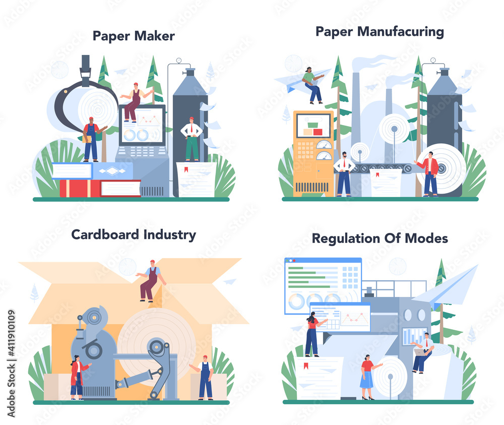 Paper production and wood processing concept set. Paper factory process ...