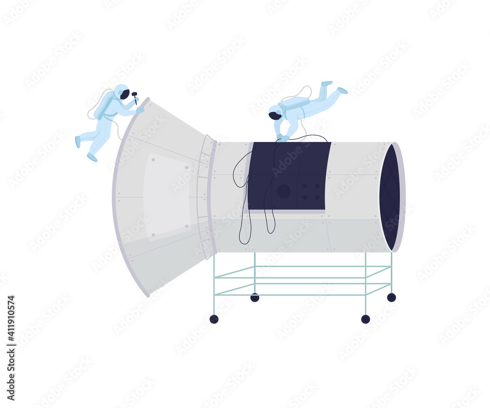Astronauts in space flat color vector faceless character. Fixing ...