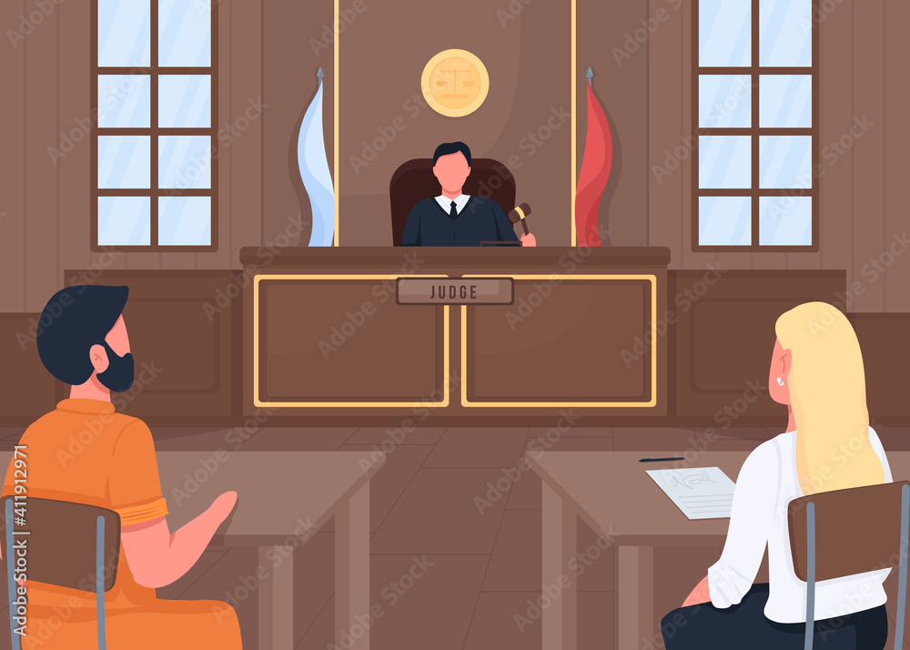Courthouse flat color vector illustration. Judge listening lawyer who ...