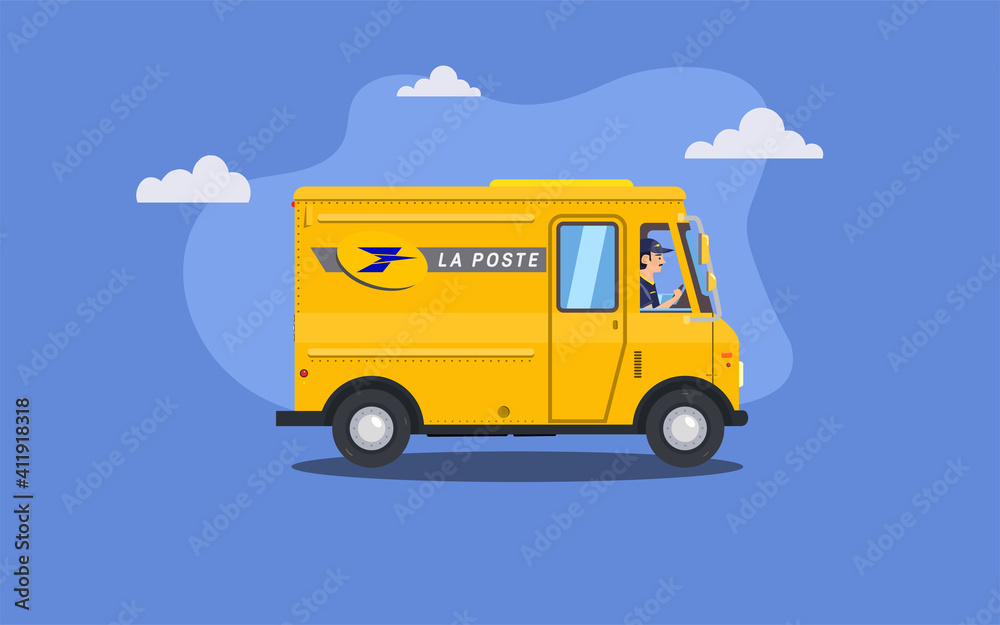 Yellow flat cartoon post or delivery van vehicle with driver or courier ...