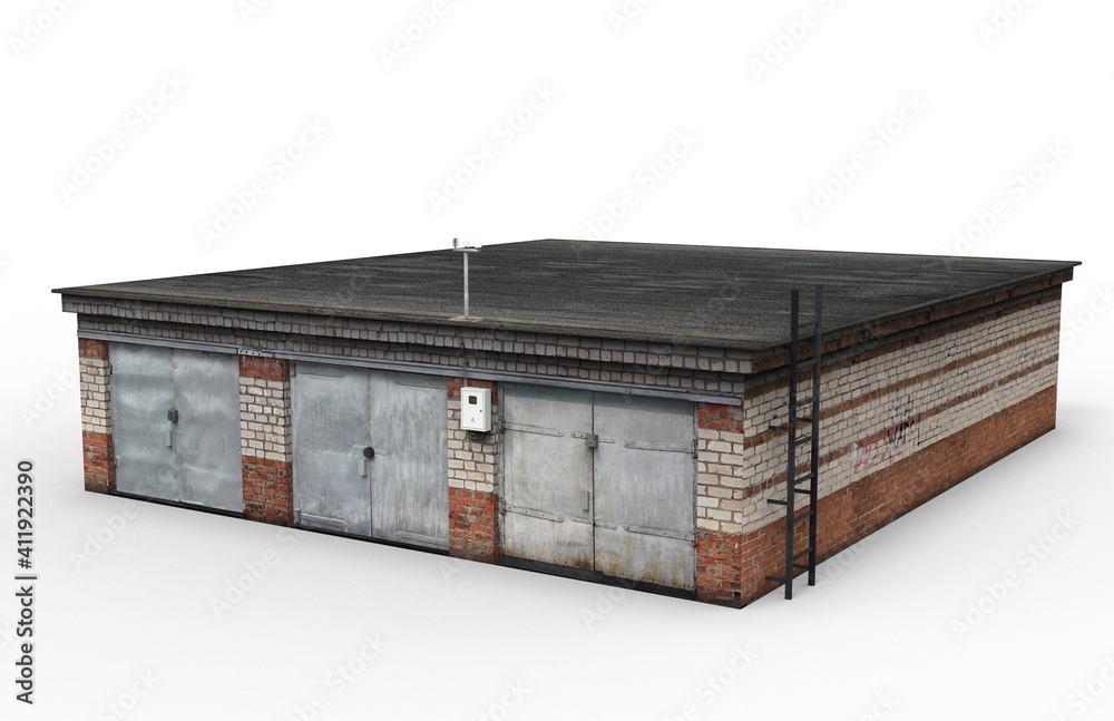 Brick garages render on a white background. 3D rendering Stock ...