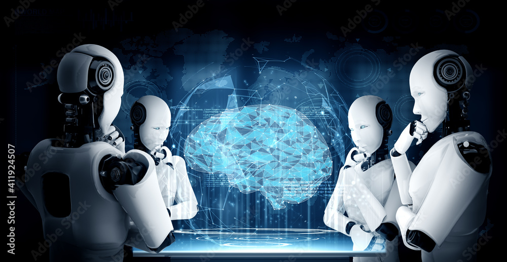 Plakat thinking AI humanoid robot analyzing hologram screen showing ... Plakat thinking AI humanoid robot analyzing hologram screen showing ...