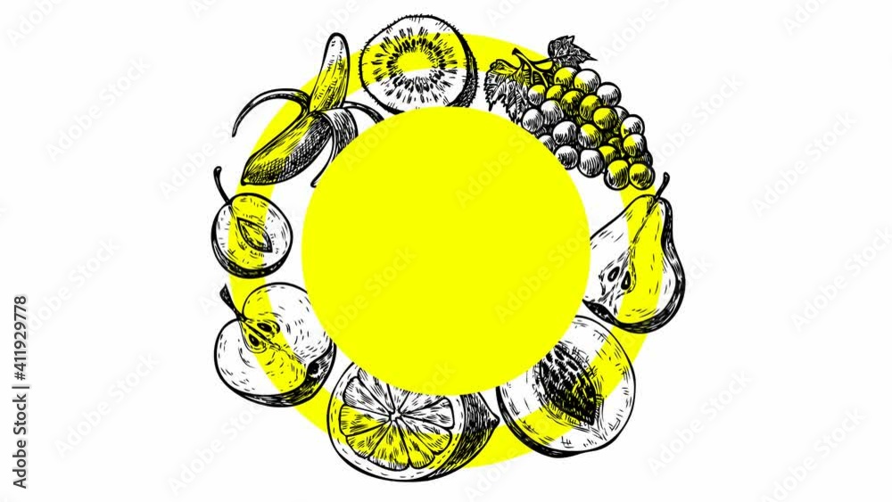 Animated circle frame from hand drawn fresh fruits with copy space ...
