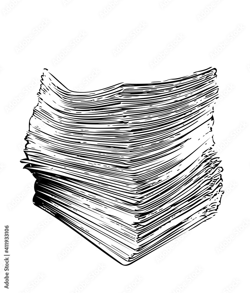 Stack of papers sketch drawing. Illustration of office documents. Pile ...