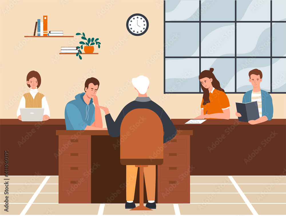 Male and female characters are passing the exam. Young men and women ...