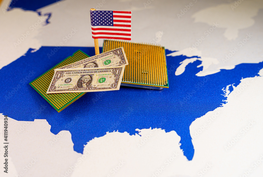 CPU and dollar bills over an USA map, symbolizing the Digital US dollar ...