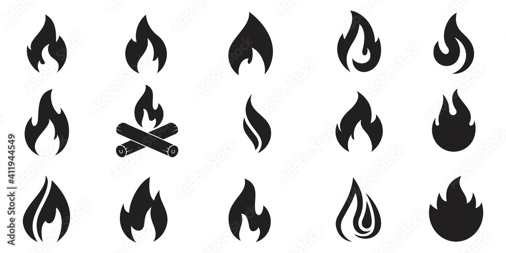 fire flat icons set, flames, flame silhouette of various shapes,bonfire vector illustration ...