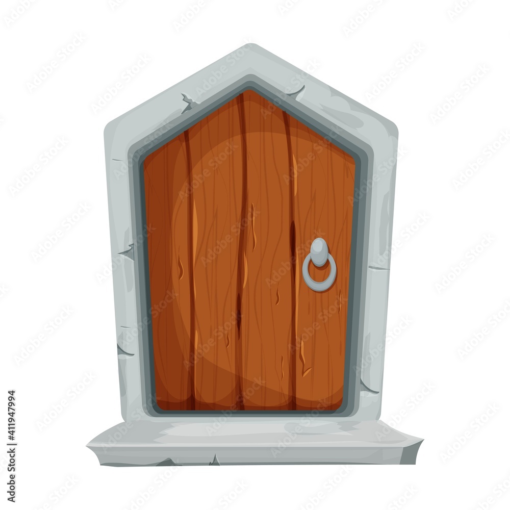 Funny wooden door with stone in cartoon style isolated on white ...