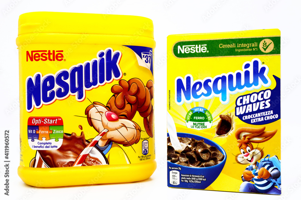 Italy – February 8, 2021: NESQUIK Chocolate Powder and NESQUIK Cereals ...