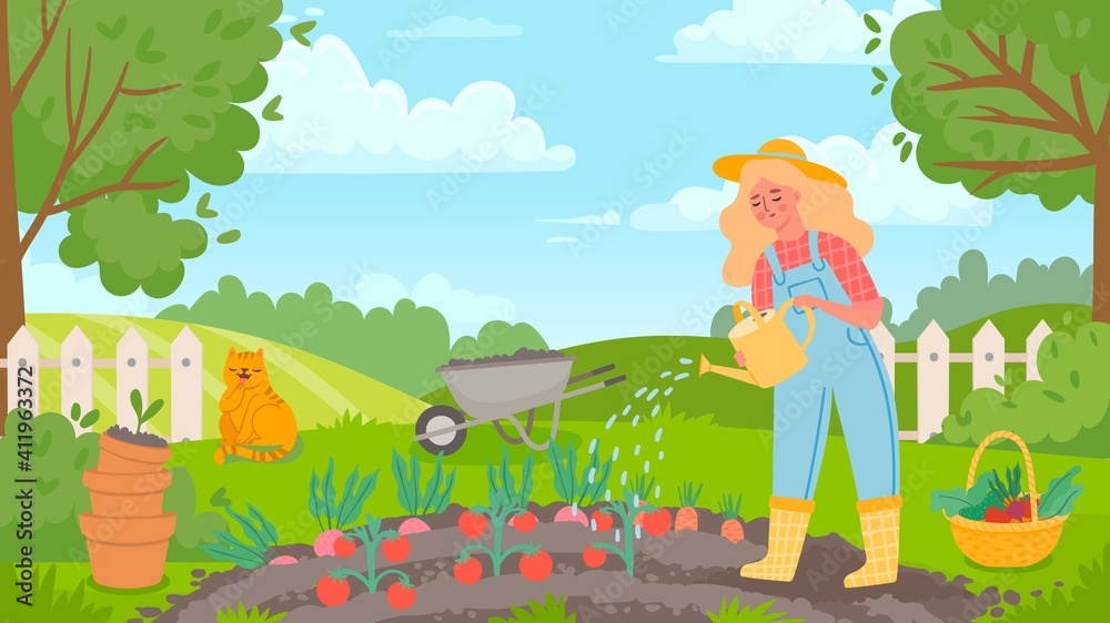 Vektorová grafika „Woman watering garden. Female gardener works ...