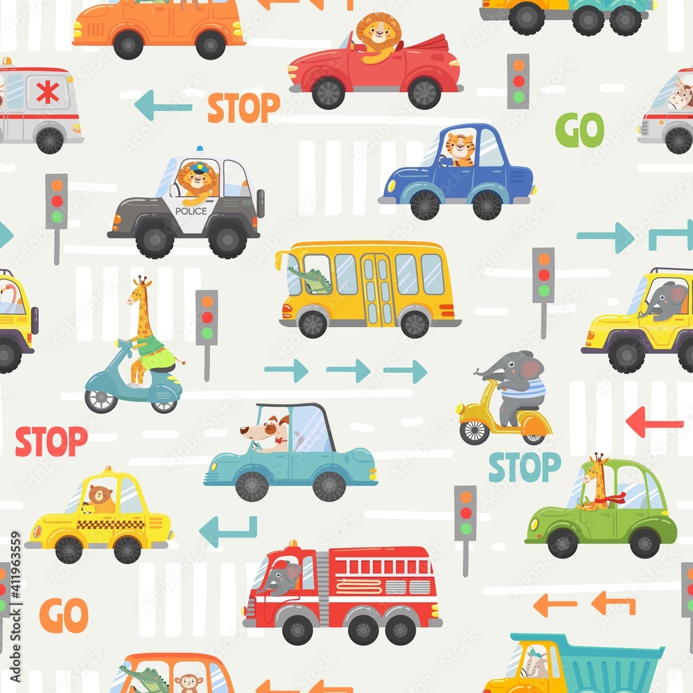 Animals in transport seamless pattern. Kid cartoon cars, bus, police ...