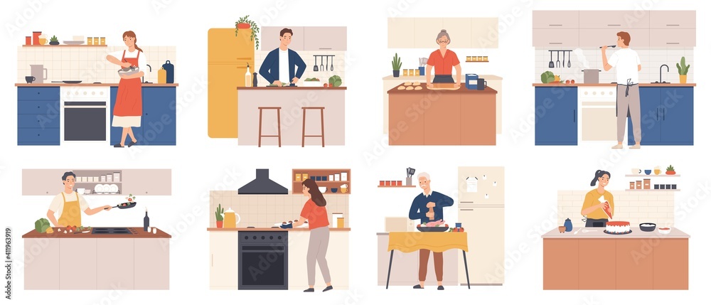 People cooking at home. Men and women preparing food in kitchen ...
