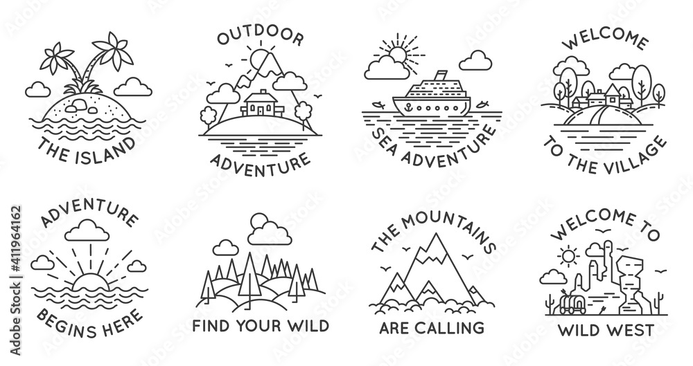 Adventure line badges. Outdoor travel logos and emblems with mountain ...