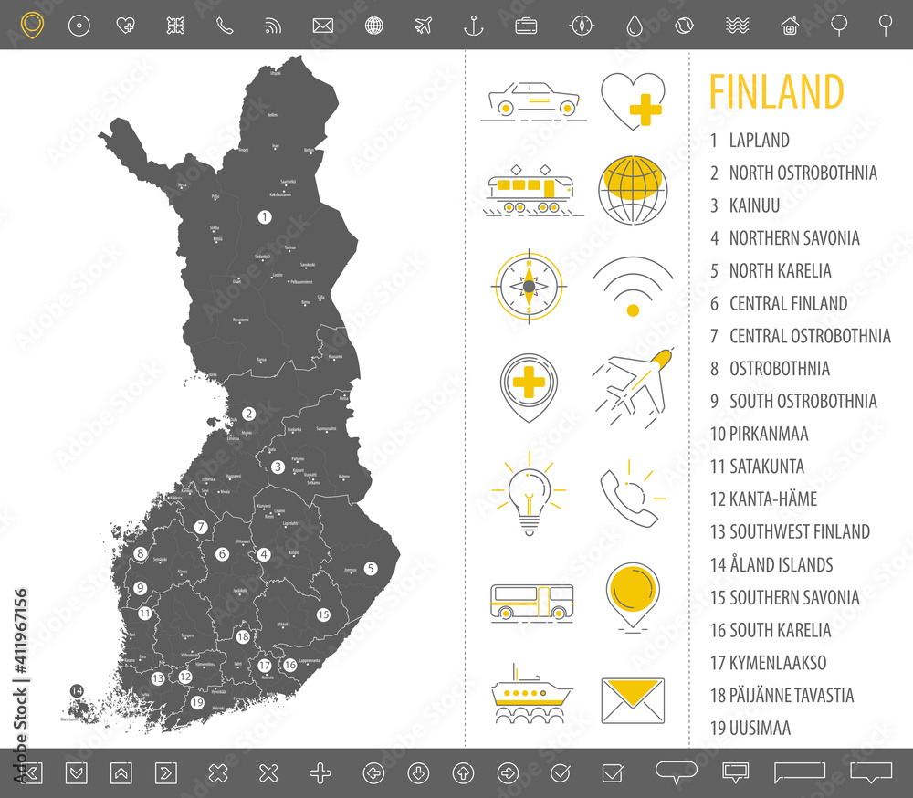 Detailed monochrome map of Finland, gray country territory with ...