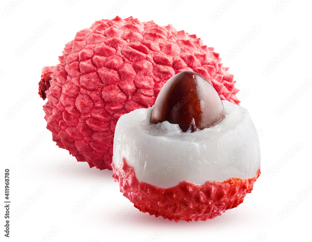 Juicy lychee fruit whole and half with transparent pulp and bone ...