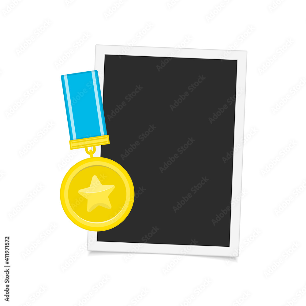 Vector photo frame template with medal of winner. Blank photograph ...