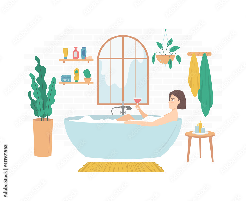 Cartoon Color Character Person Girl Relaxes in Bath Concept. Vector ...