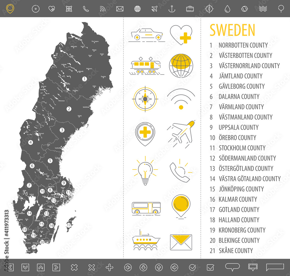 Detailed monochrome map of Sweden, gray country territory with ...