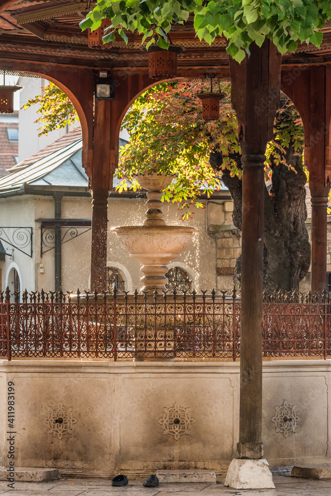 Beautiful fountain Sadrvan located in the courtyard of Gazi Husrev ...