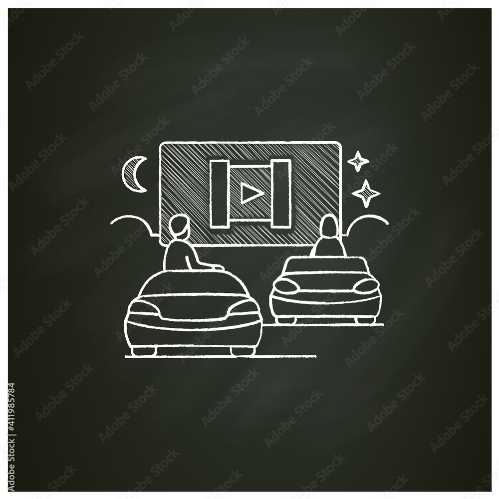 Drive-in cinema chalk icon.Outdoor theatre with cars on open air ...