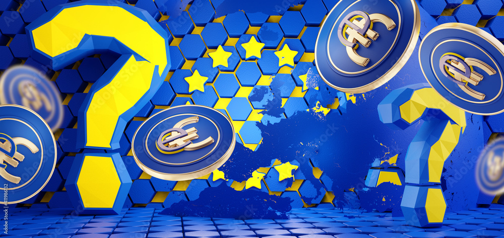question marks and European digital e-euro currency symbolic 3d ...