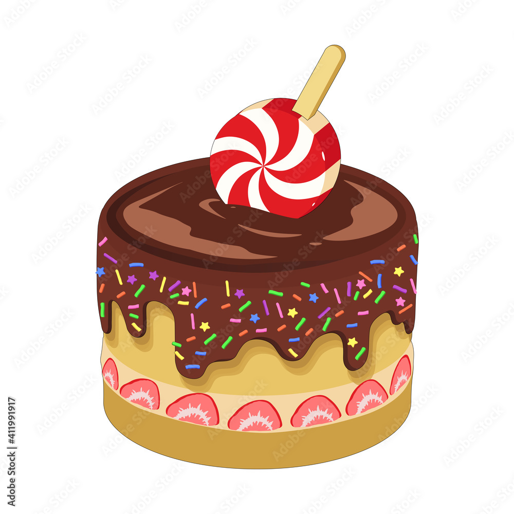 Delicious sweet chocolate cake with lollipop on top. Tasty ...