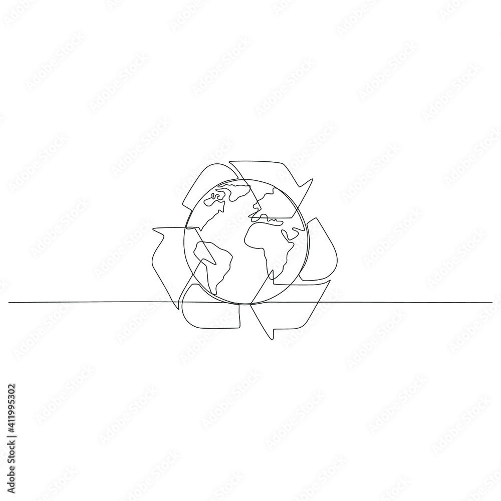 continuous line drawing of earth with recycle bin sign vector ...