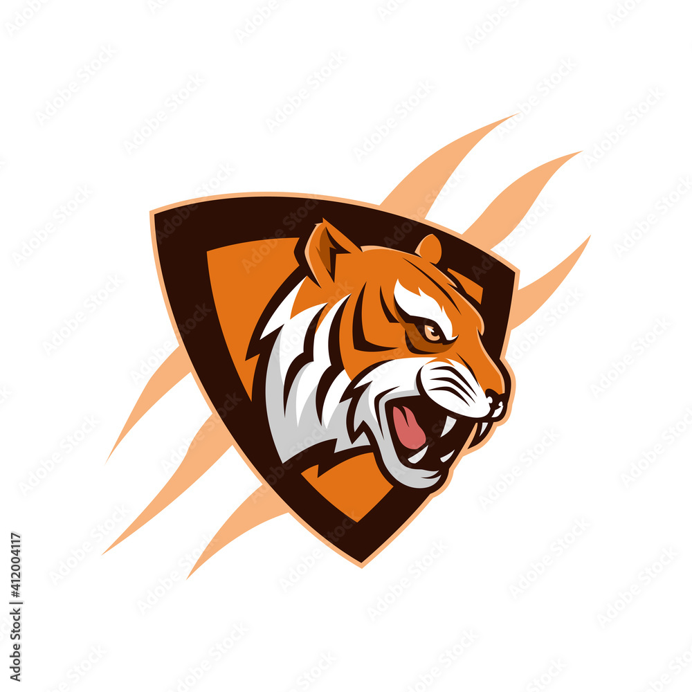 Tiger Head Mascot Logo with shield vector illustration, e sport logo ...