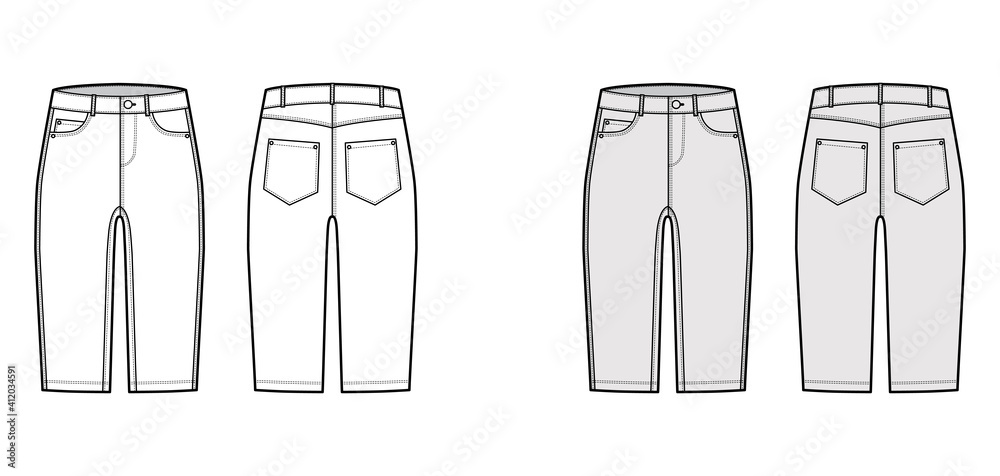 Denim short pants technical fashion illustration with knee length, low ...