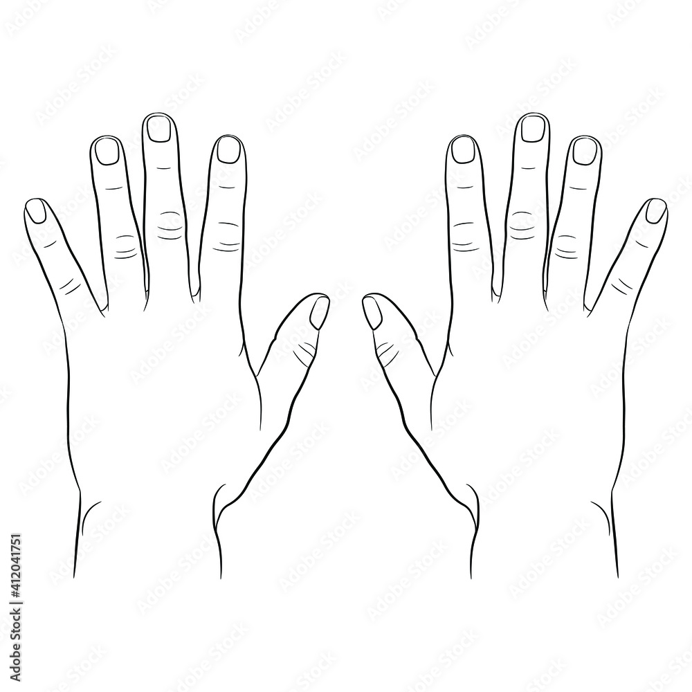 Two raised up human male hands with open fingers. Top view. Black and ...