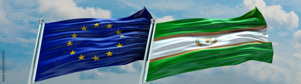 European Union Flag and Old African Union flag waving with texture and ...