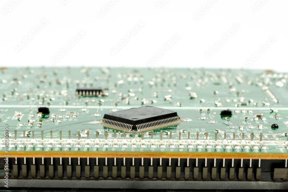 components of microprocessor devices are installed on a printed circuit ...
