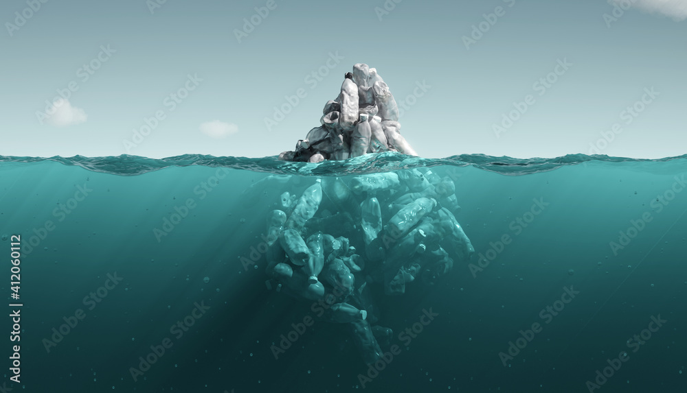 iceberg plastic bottles. pollution in ocean. 3d rendering Stock ...